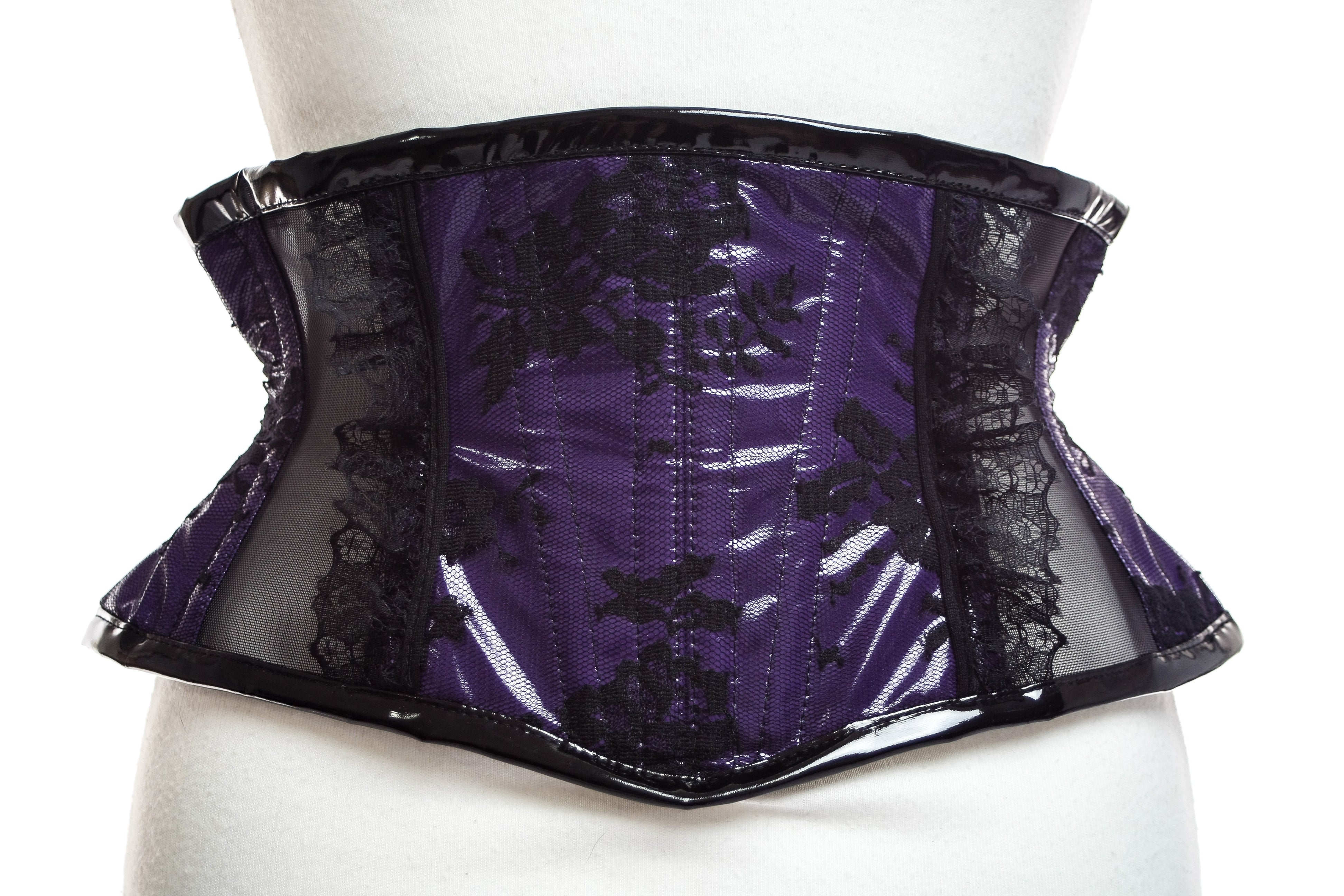 Purple pvc and black lace gothic corset – Basque and Glory